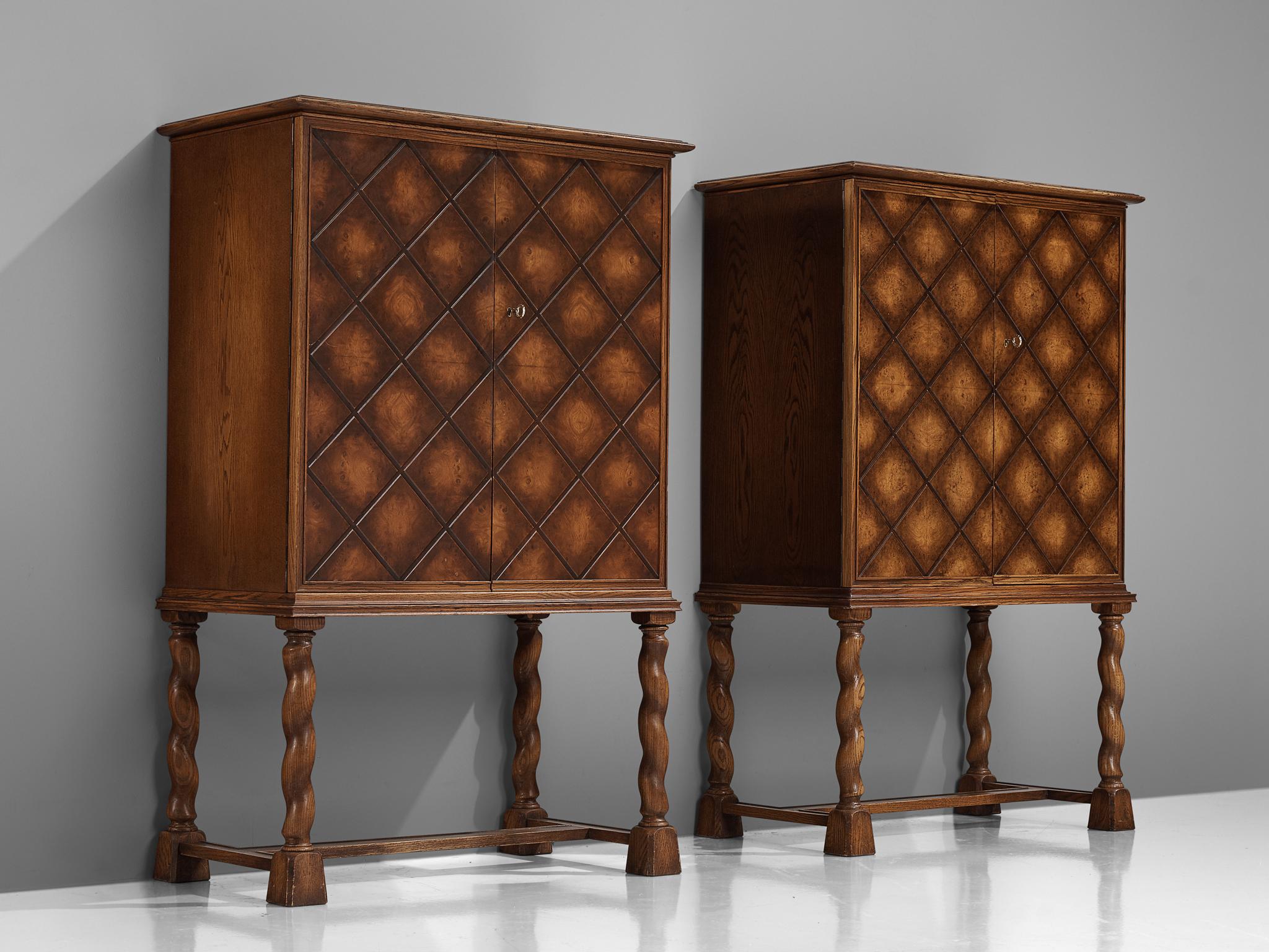 Swedish Grace High-Legged Pair of Cabinets with Carved Elements in Oak ...