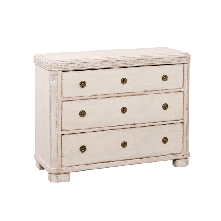 Swedish Gustavian Style 1860s Painted Three-Drawer Chest with Greek Key ...