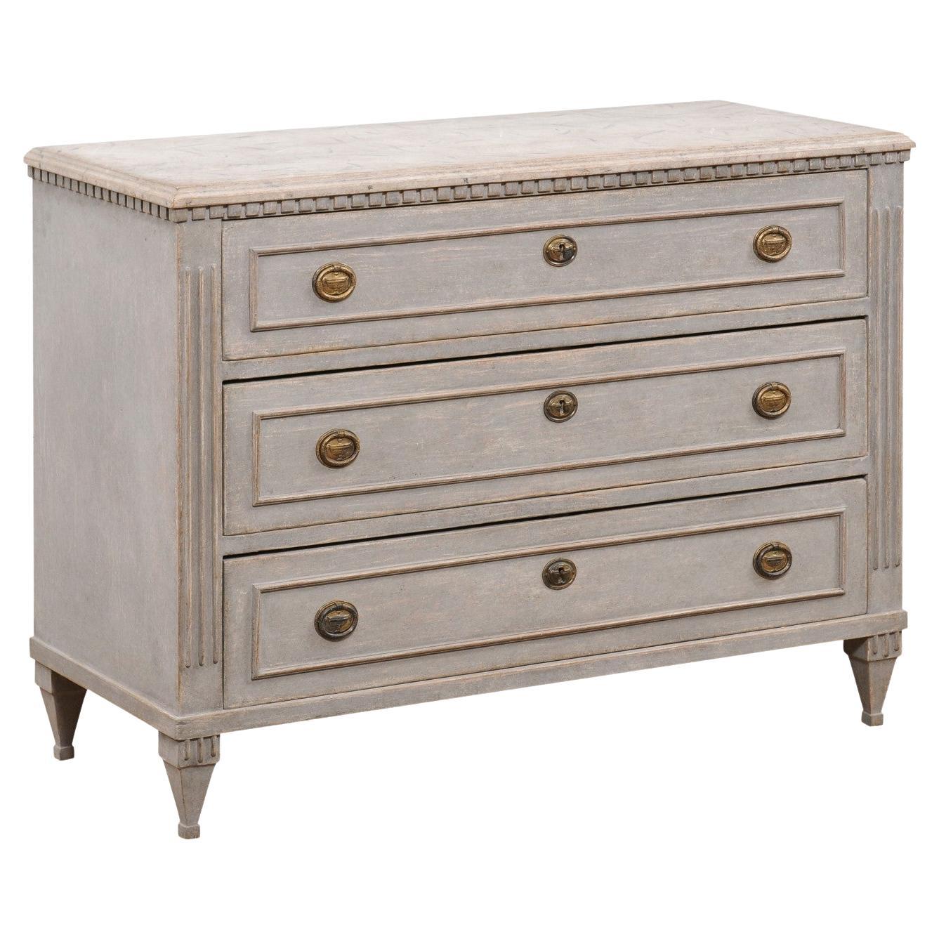 Swedish Gustavian Style 1880s Three-Drawer Painted Chest with Carved ...