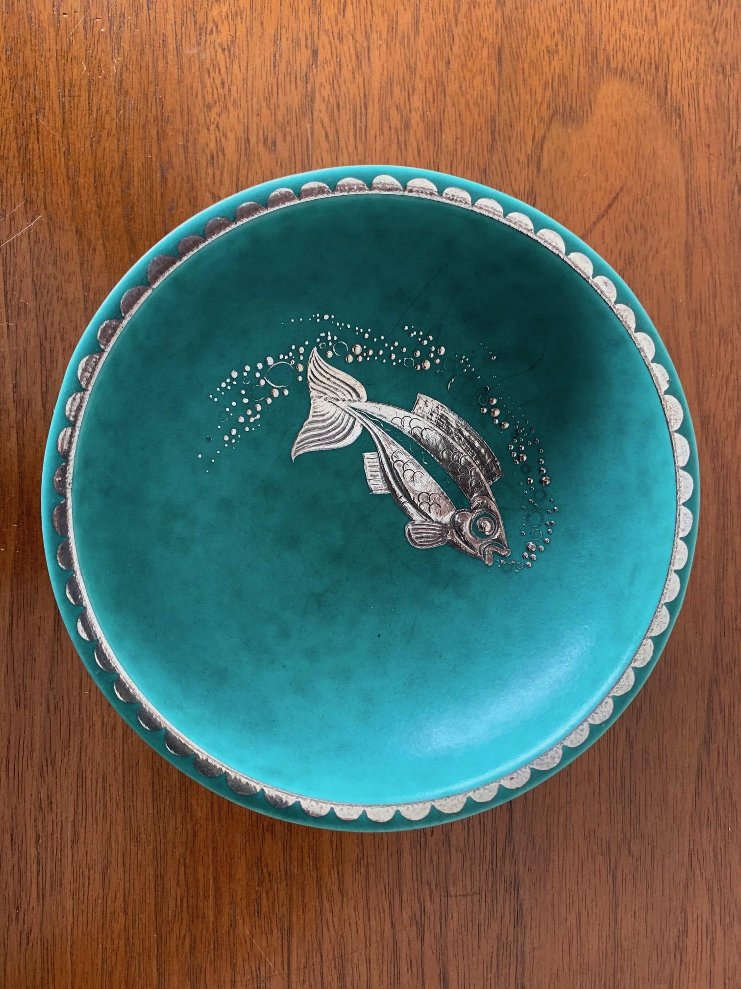 Swedish Gustavsberg Argenta Stoneware Vase with Silver Fish by Wilhelm ...