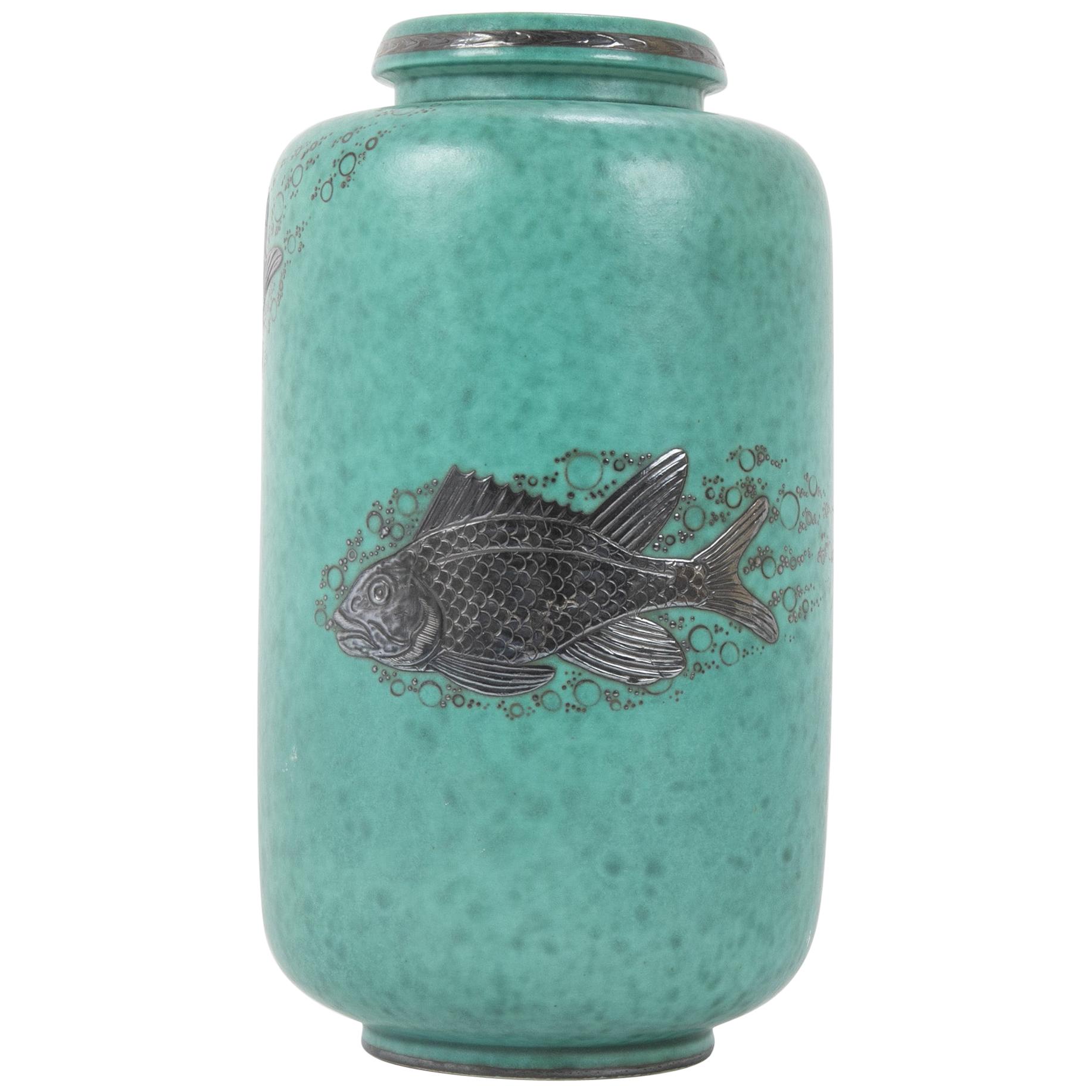 Swedish Gustavsberg Argenta Stoneware Vase with Silver Fish by Wilhelm ...