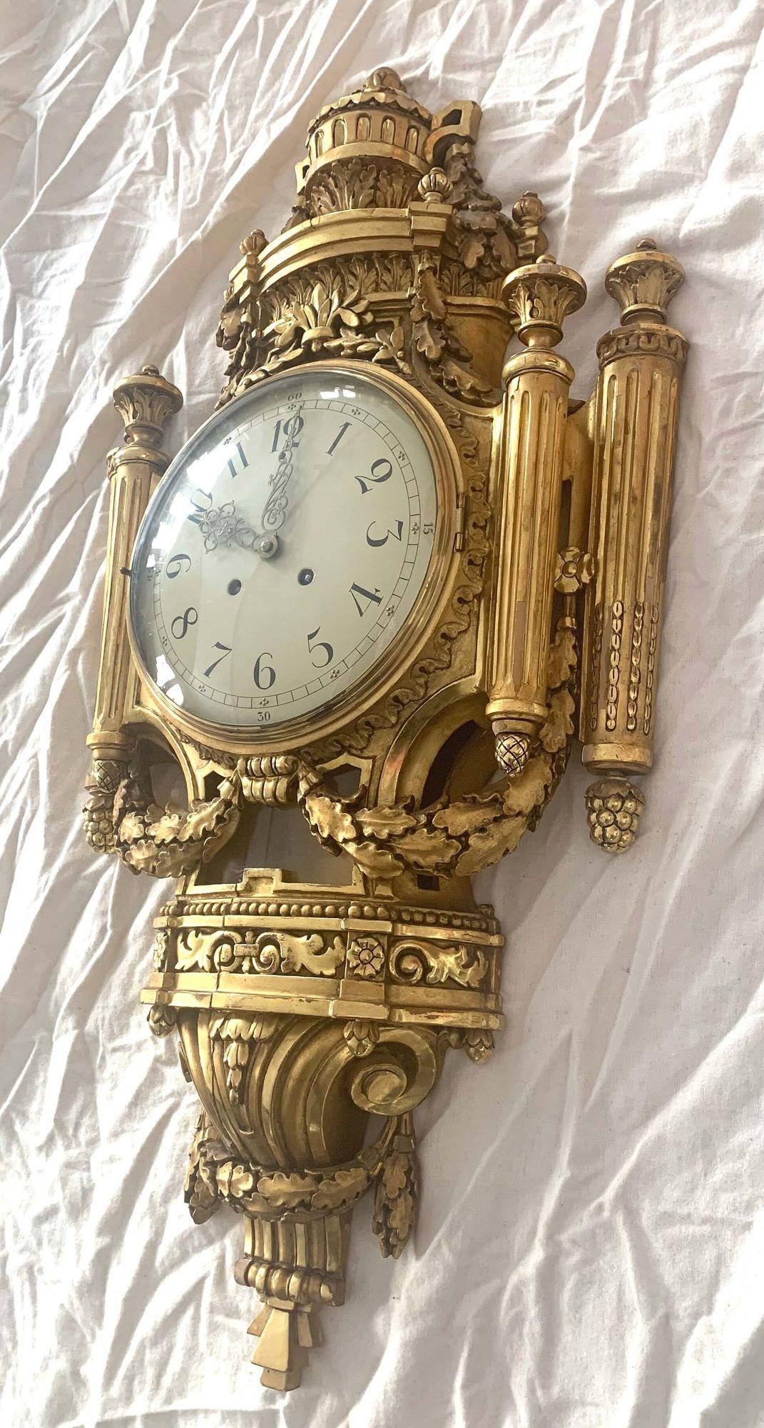 Swedish Louis XVI Style Wall Clock Gold-Plate, Enamel, and Brass, 1949 ...