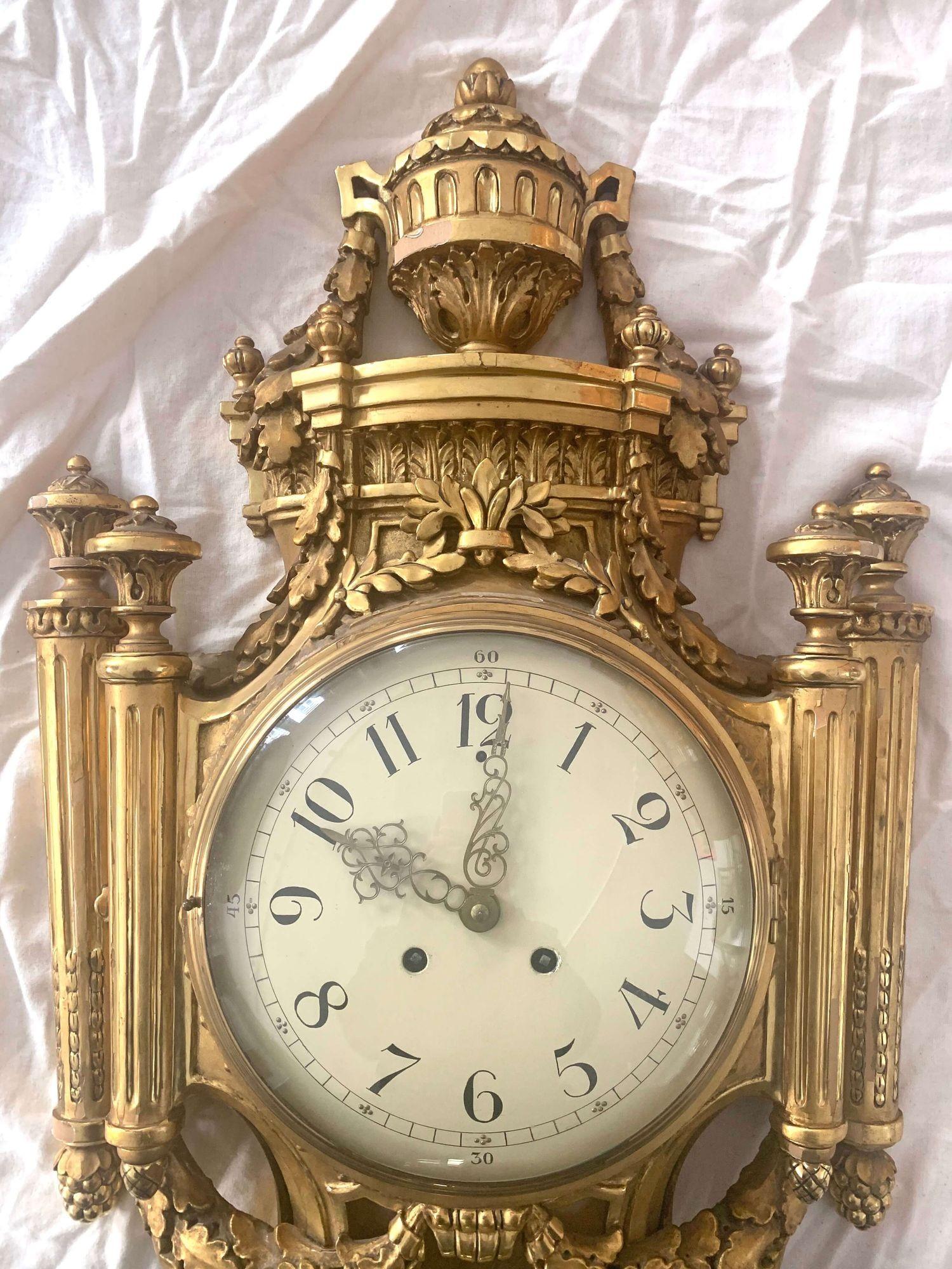 Swedish Louis XVI Style Wall Clock Gold-Plate, Enamel, and Brass, 1949 ...