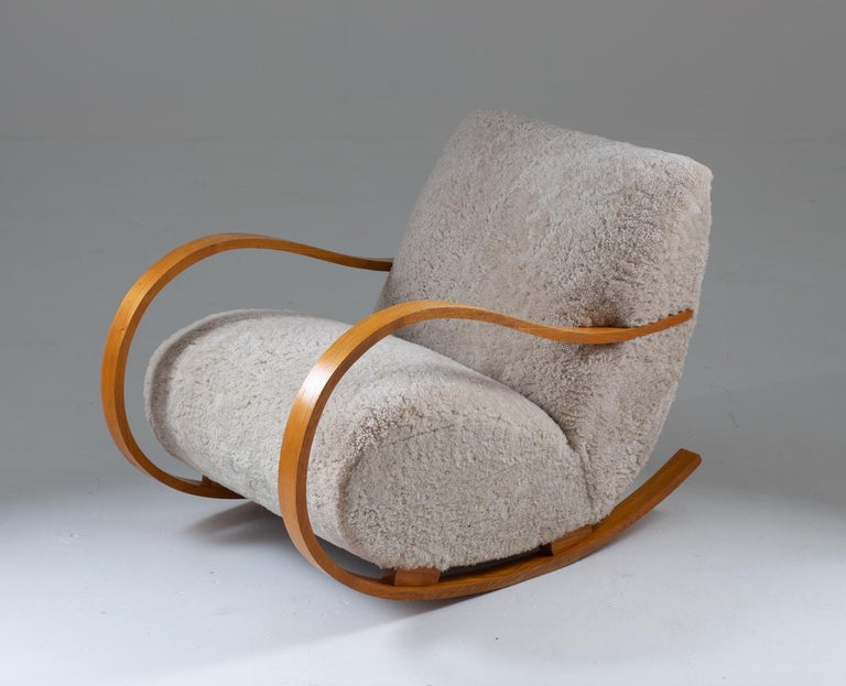 Swedish Midcentury Sheepskin Rocking Chair attributed to Gemla at 1stDibs