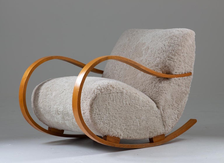 Swedish Midcentury Sheepskin Rocking Chair attributed to Gemla at 1stDibs