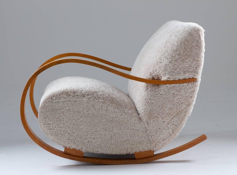 Swedish Midcentury Sheepskin Rocking Chair attributed to Gemla at 1stDibs