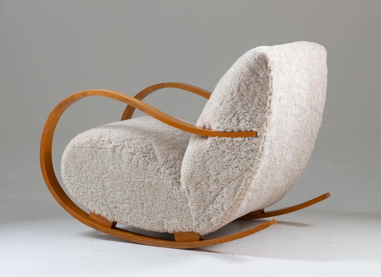 Swedish Midcentury Sheepskin Rocking Chair attributed to Gemla at 1stDibs