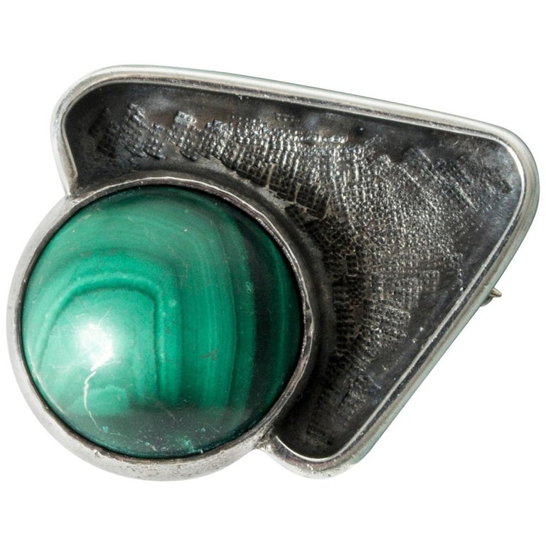 Swedish Midcentury Silver and Malachite Brooch at 1stDibs