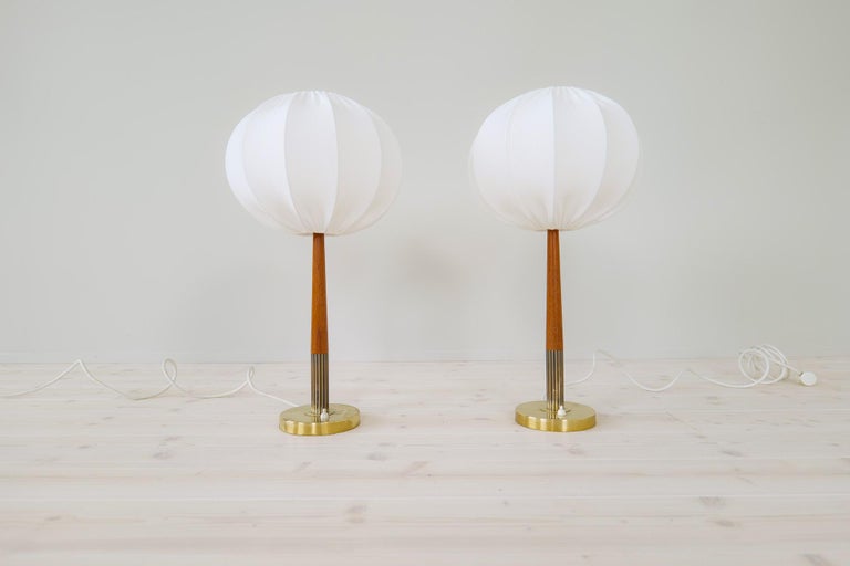 Swedish Midcentury Table Lamps in Brass, Teak and Cotton Shades "Boréns" 1960s For Sale at 1stDibs