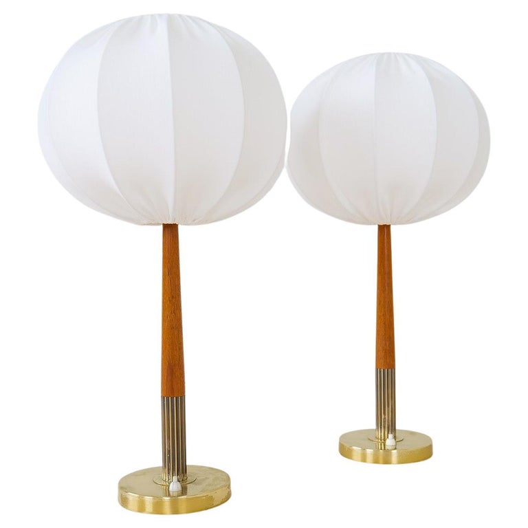 Swedish Midcentury Table Lamps in Brass, Teak and Cotton Shades "Boréns ...