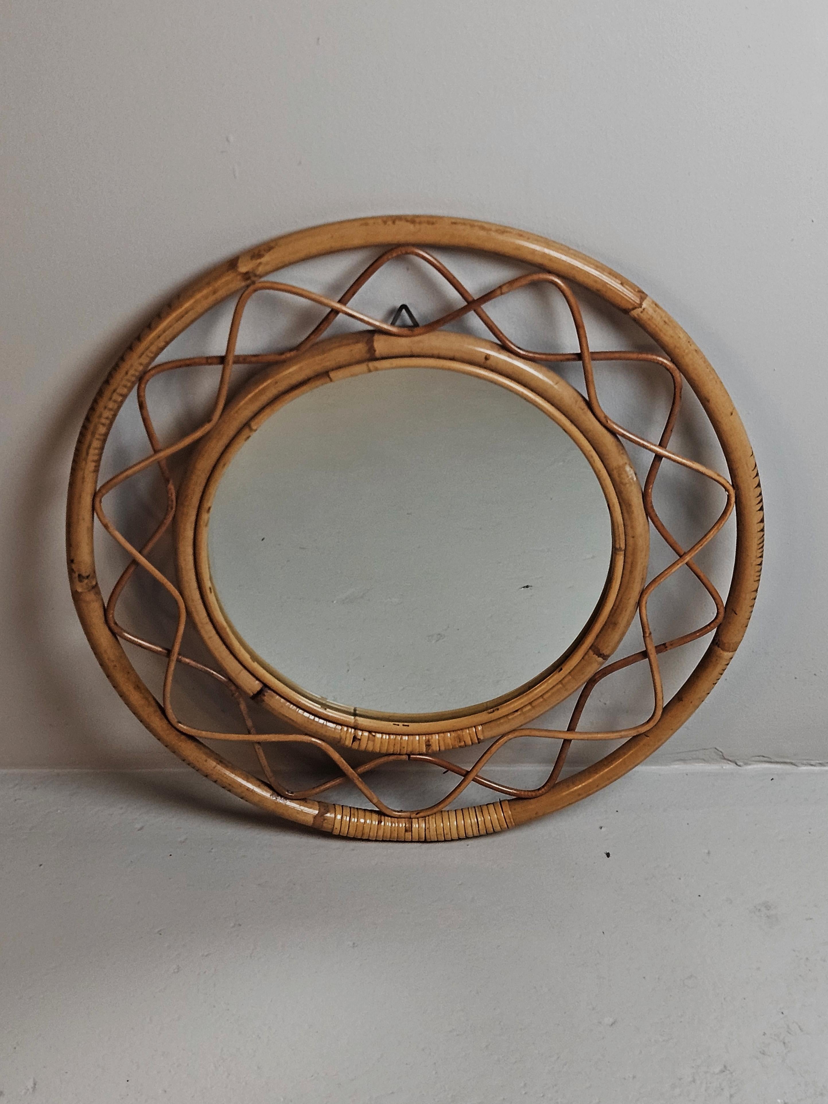 Swedish modern bamboo wall mirror by unknown designer, 1950s Swedish modern bamboo wall mirror by unknown designer, 1950s