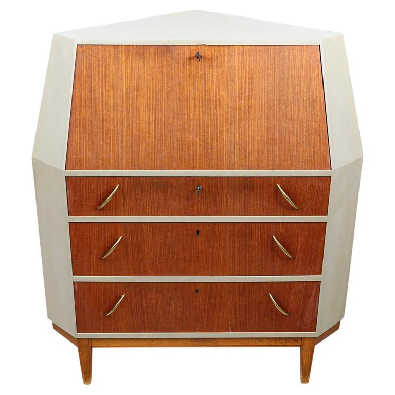 Swedish Modern Corner Secretary Desk in Teak + White Lacquer at 1stDibs