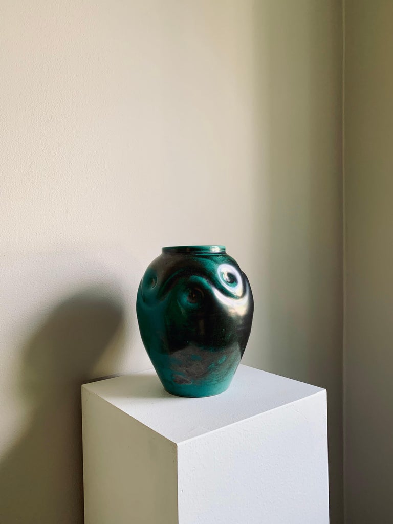 Swedish Modern Green Earthenware Vase, Harald Östergren, Upsala Ekeby, 1920-30 For Sale at 1stDibs