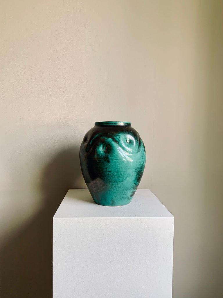 Swedish Modern Green Earthenware Vase, Harald Östergren, Upsala Ekeby, 1920-30 For Sale at 1stDibs