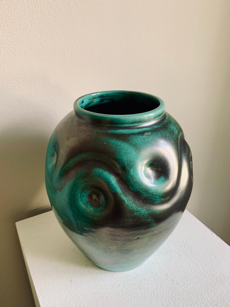 Swedish Modern Green Earthenware Vase, Harald Östergren, Upsala Ekeby, 1920-30 For Sale at 1stDibs