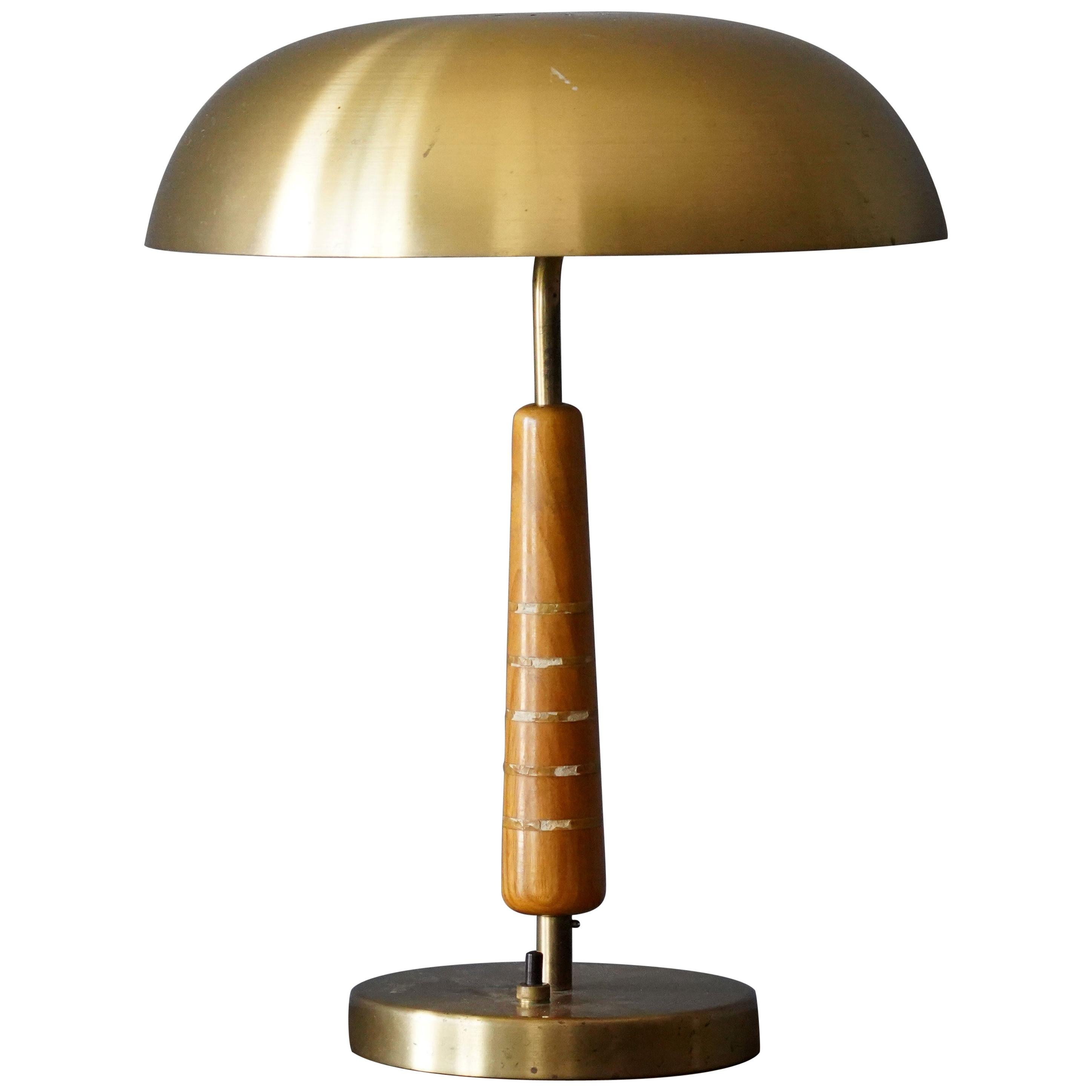 Swedish Modernist Designer, Table Lamp, Brass, Stained Wood Frosted ...
