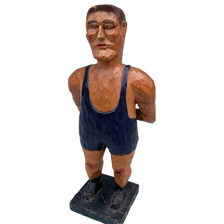 Swedish Painted Wooden Carved Figure of a Wrestler at 1stDibs