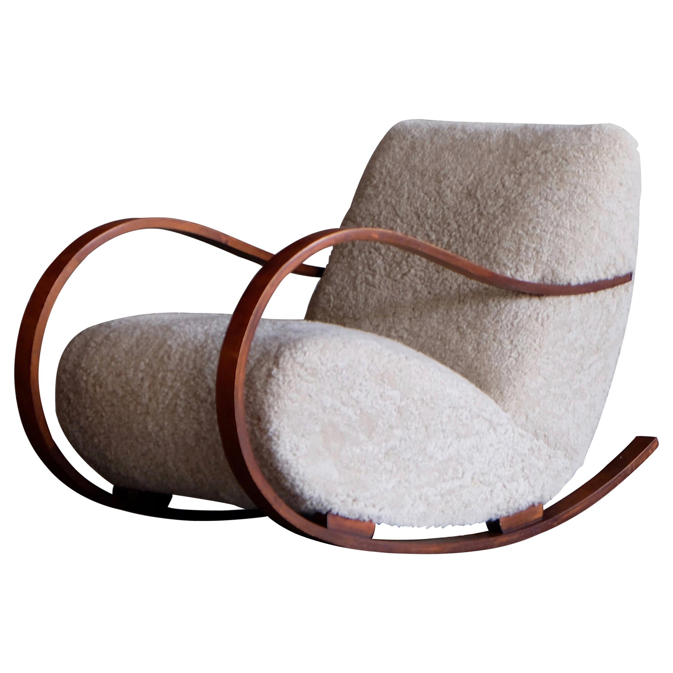 Swedish Rocking Chair in Sheepskin, 1950s at 1stDibs
