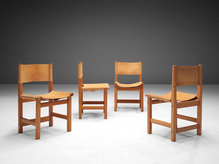 Swedish Set of Four Chairs in Pine and Naturel Leather For Sale at 1stDibs