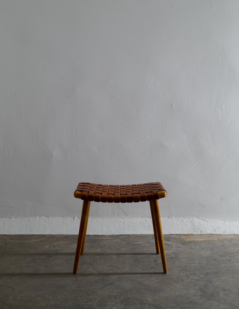 Swedish Stool in Pine and Leather, 1960s For Sale at 1stDibs