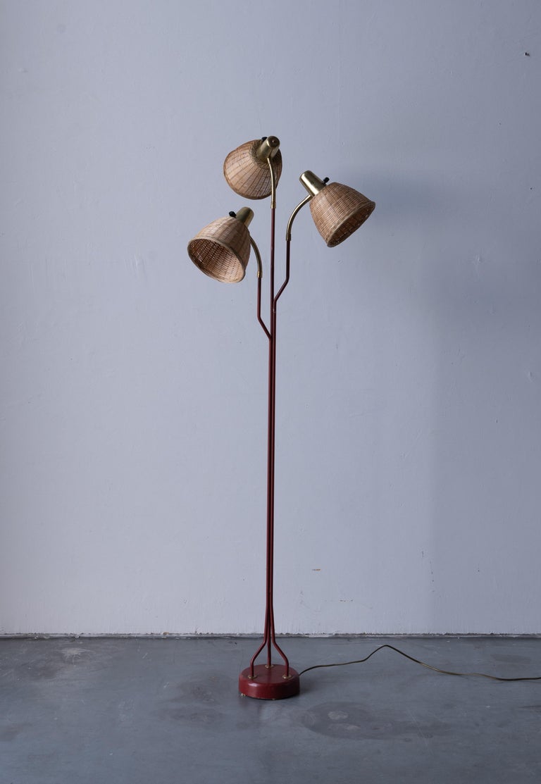 Swedish, Three-Armed Floor Lamp, Lacquered Metal, Brass, Rattan, Sweden ...