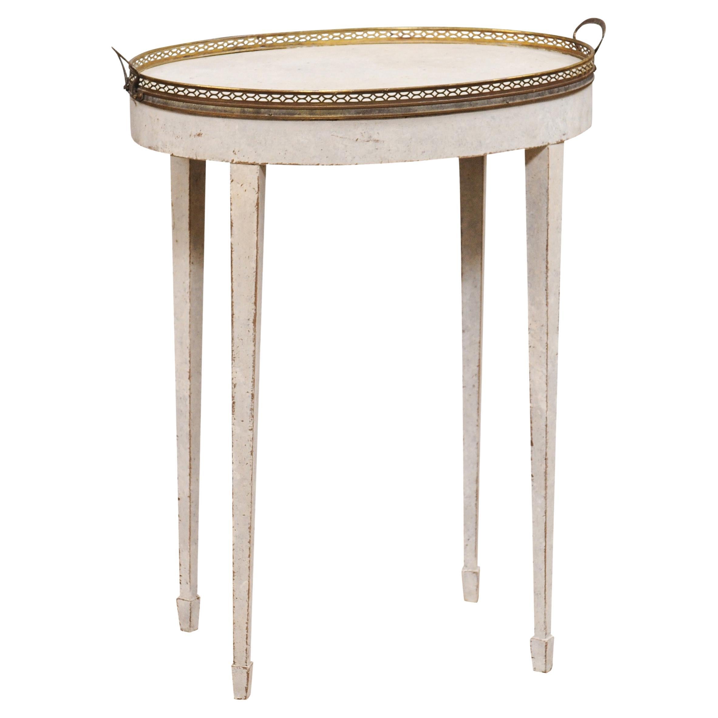 Swedish Vintage Oval Top Serving Table with Brass Gallery and Tapered ...