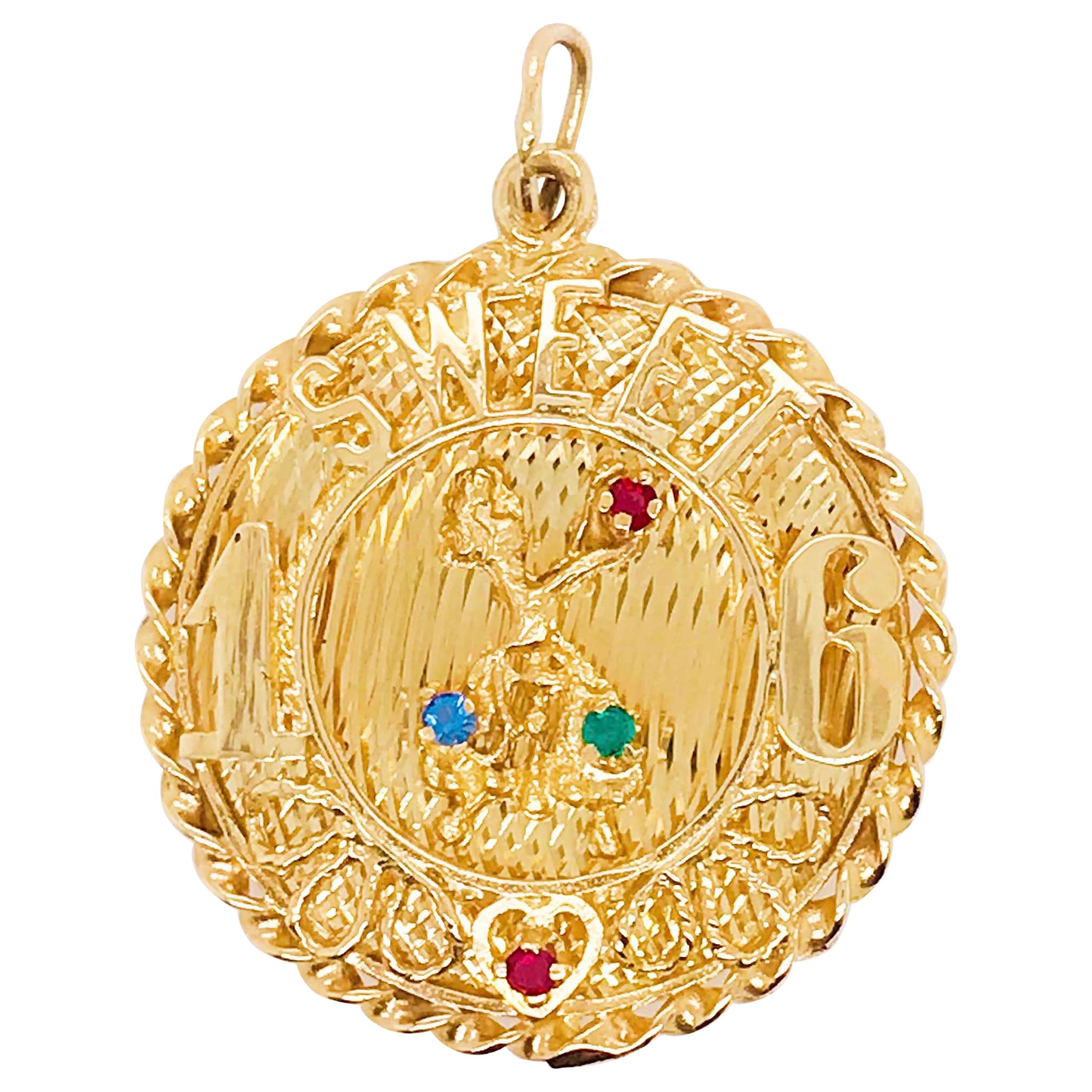 Sweet 16 Pendant in 14 Karat Gold, Gold Disk for Charm Bracelet or ...