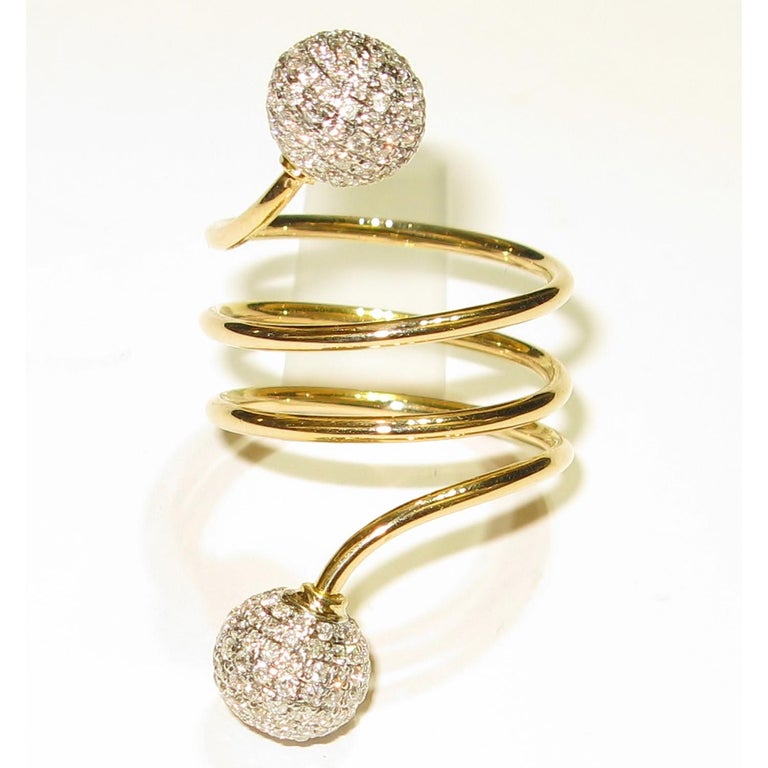 Swirl Shaped Ring with Pave Diamonds Ball Made in 18k Yellow Gold For ...