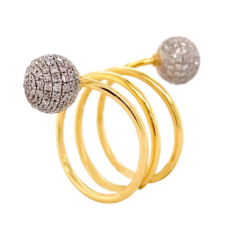 Swirl Shaped Ring with Pave Diamonds Ball Made in 18k Yellow Gold For ...