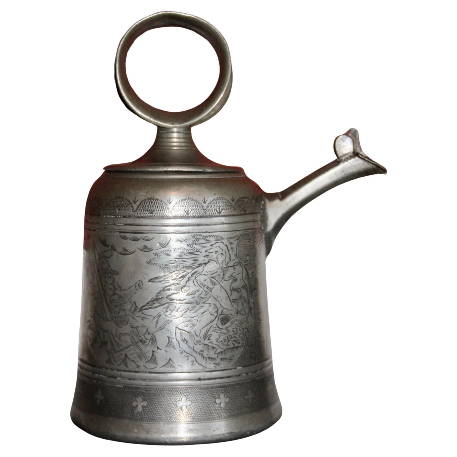 Swiss alp tin pot with nice engraved For Sale at 1stDibs