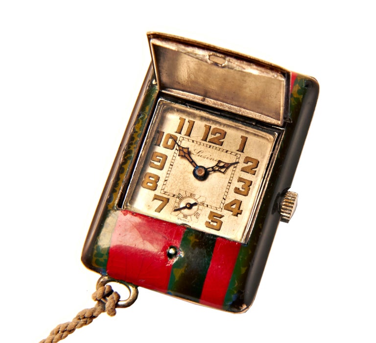 Swiss Art Deco Red, Black and Gray Enameled Purse Watch with Silk ...