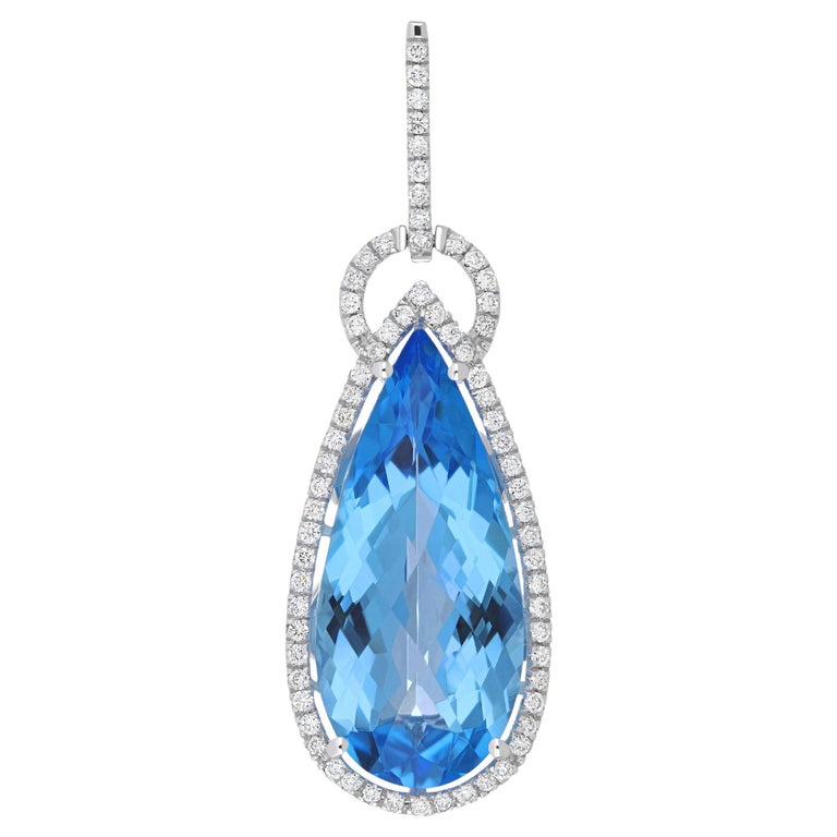 Swiss Blue Topaz and Diamond Studded Pendant in 14K White Gold For Sale ...