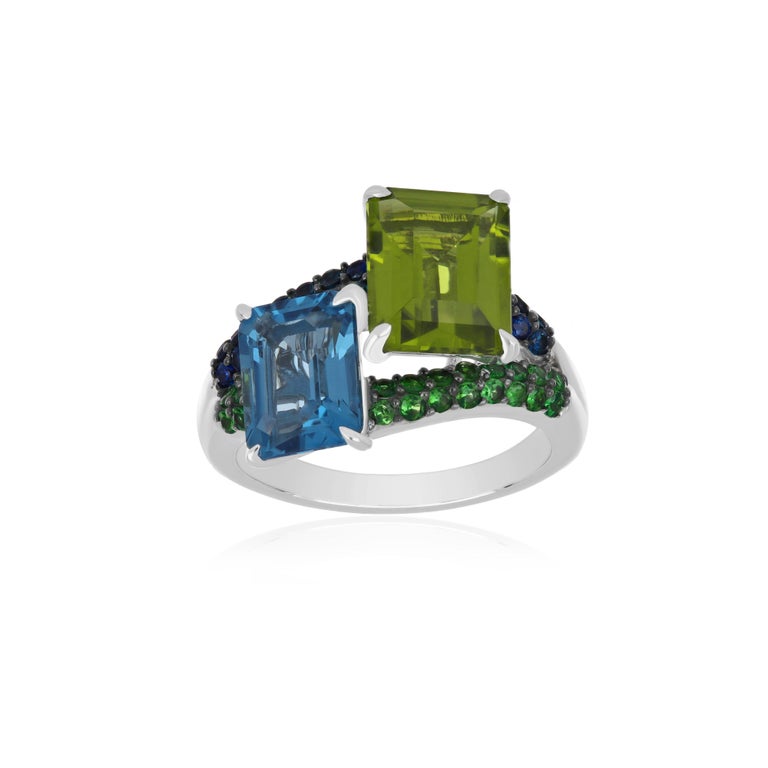 Swiss Blue Topaz, Peridot and Diamond Cocktail Ring in 14 Karat White ...