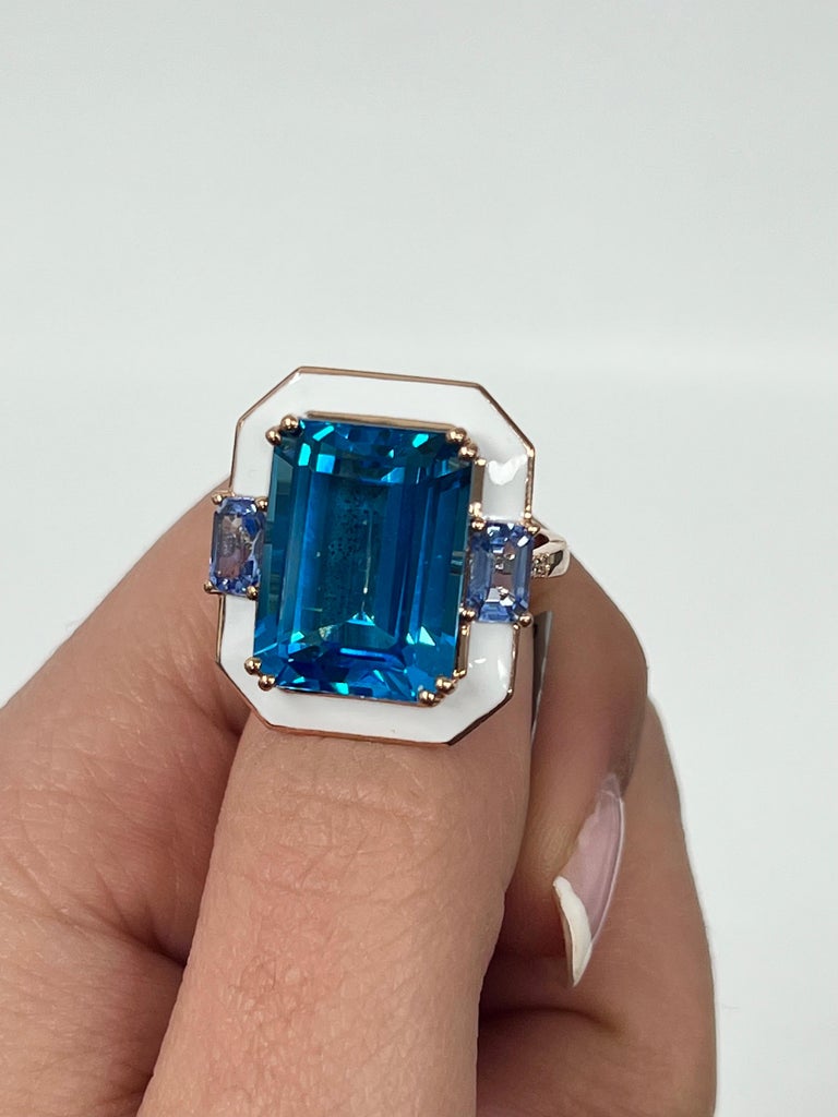 Swiss Blue Topaz Rose Gold Diamond Ring For Sale at 1stDibs