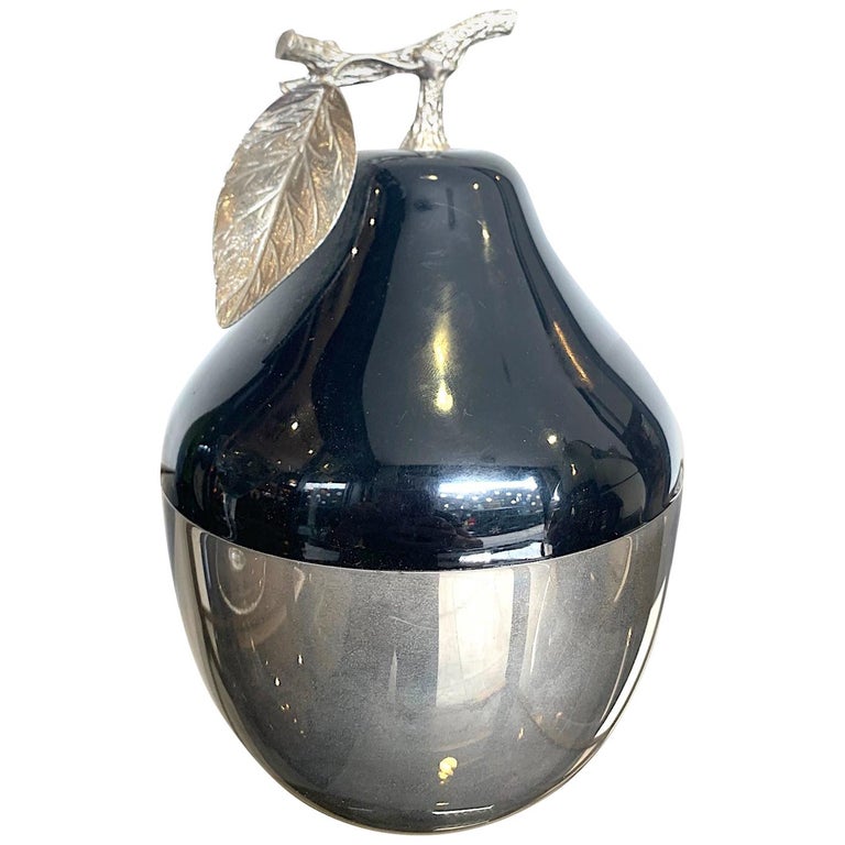 Swiss Chromed and Black Pear Shaped Ice Bucket by Freddotherm with Leaf ...