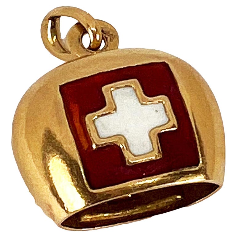 Swiss Flag Bell 18K Yellow Gold Enamel Charm Pendant at 1stDibs