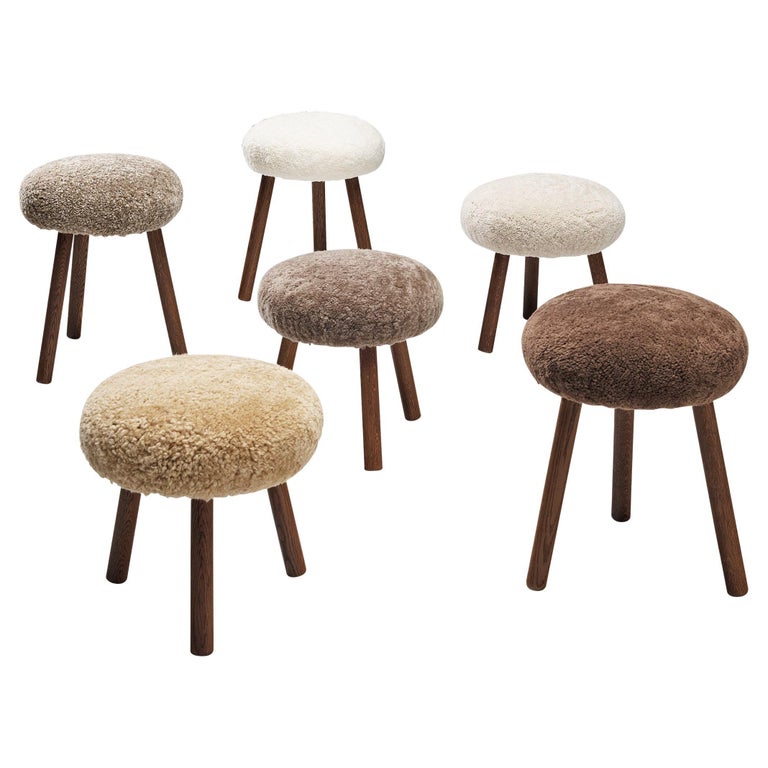 Swiss Tripod Stools in Solid Oak Upholstered in Shearling at 1stDibs