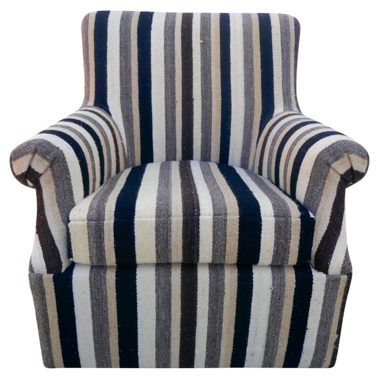 Swivel Club Chair in Vintage Berber Tribal Striped Kilim Wool, "One-of ...