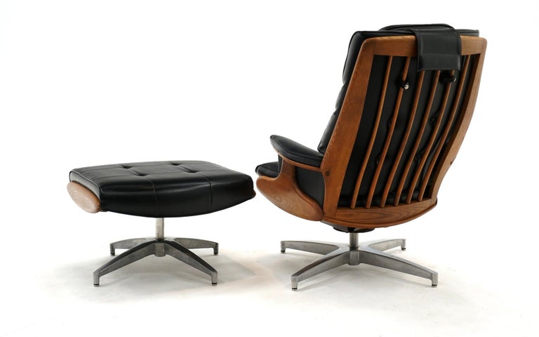Swivel Lounge Chair and Ottoman in Black Leather and Walnut by Heywood ...