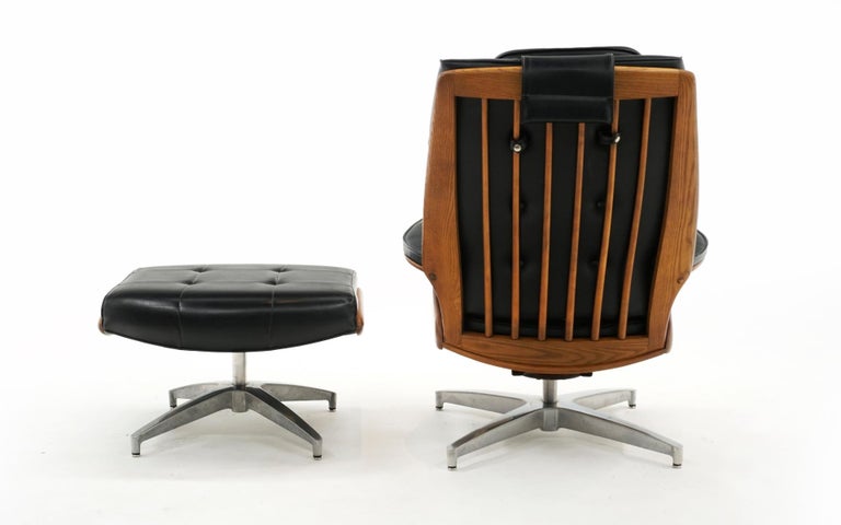 Swivel Lounge Chair and Ottoman in Black Leather and Walnut by Heywood ...