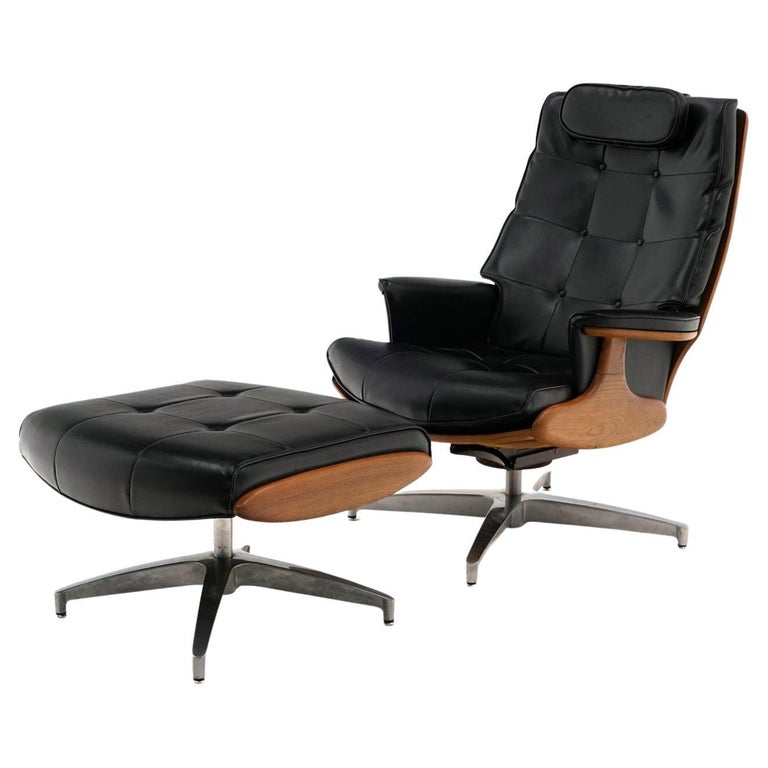 Swivel Lounge Chair and Ottoman in Black Leather and Walnut by Heywood ...