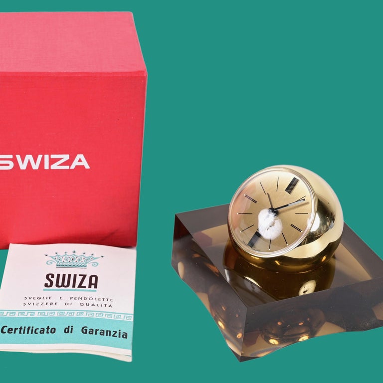 Swiza 8 Day Rare Gilt Sphere Clock with Smoked Lucite Base, Box and ...