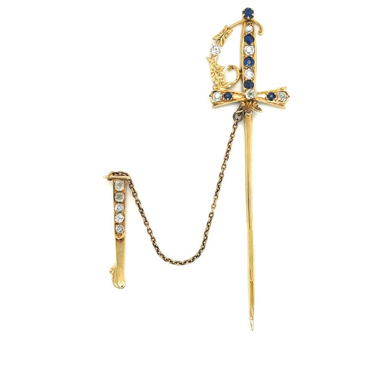 Sword Jabot Pin Old Mine Cut Diamond and Un-Heated Sapphires For Sale ...