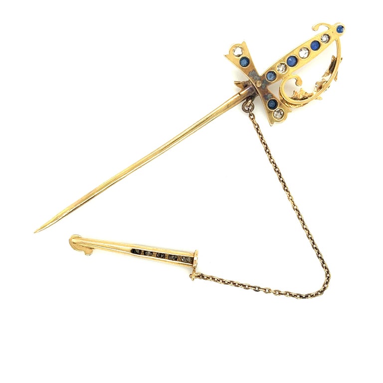 Sword Jabot Pin Old Mine Cut Diamond and Un-Heated Sapphires For Sale ...