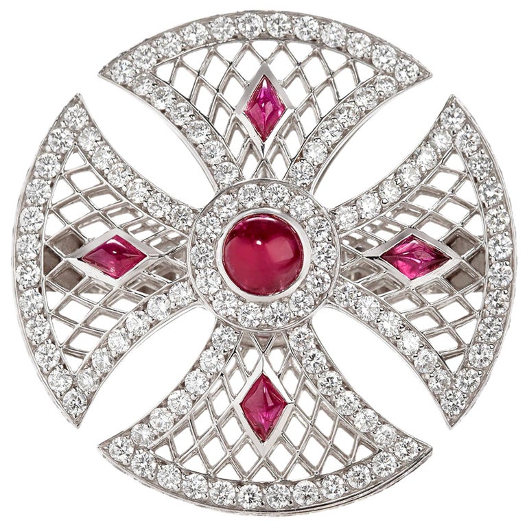 Sybarite Heritage Ring in White Gold with White Diamonds and Rubies For ...