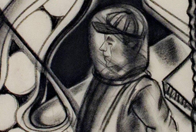 Sylvia Spicuzza - "Bee Keeper," Black Conte Crayon Drawing signed by ...