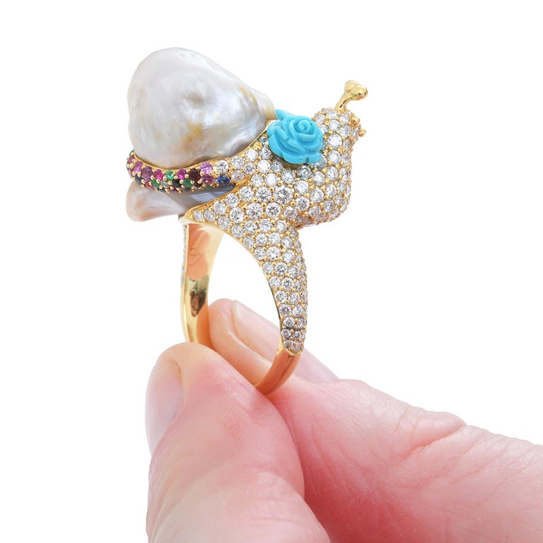Sylvie Corbelin, Natural Pearl and Diamonds Snail Ring at 1stDibs