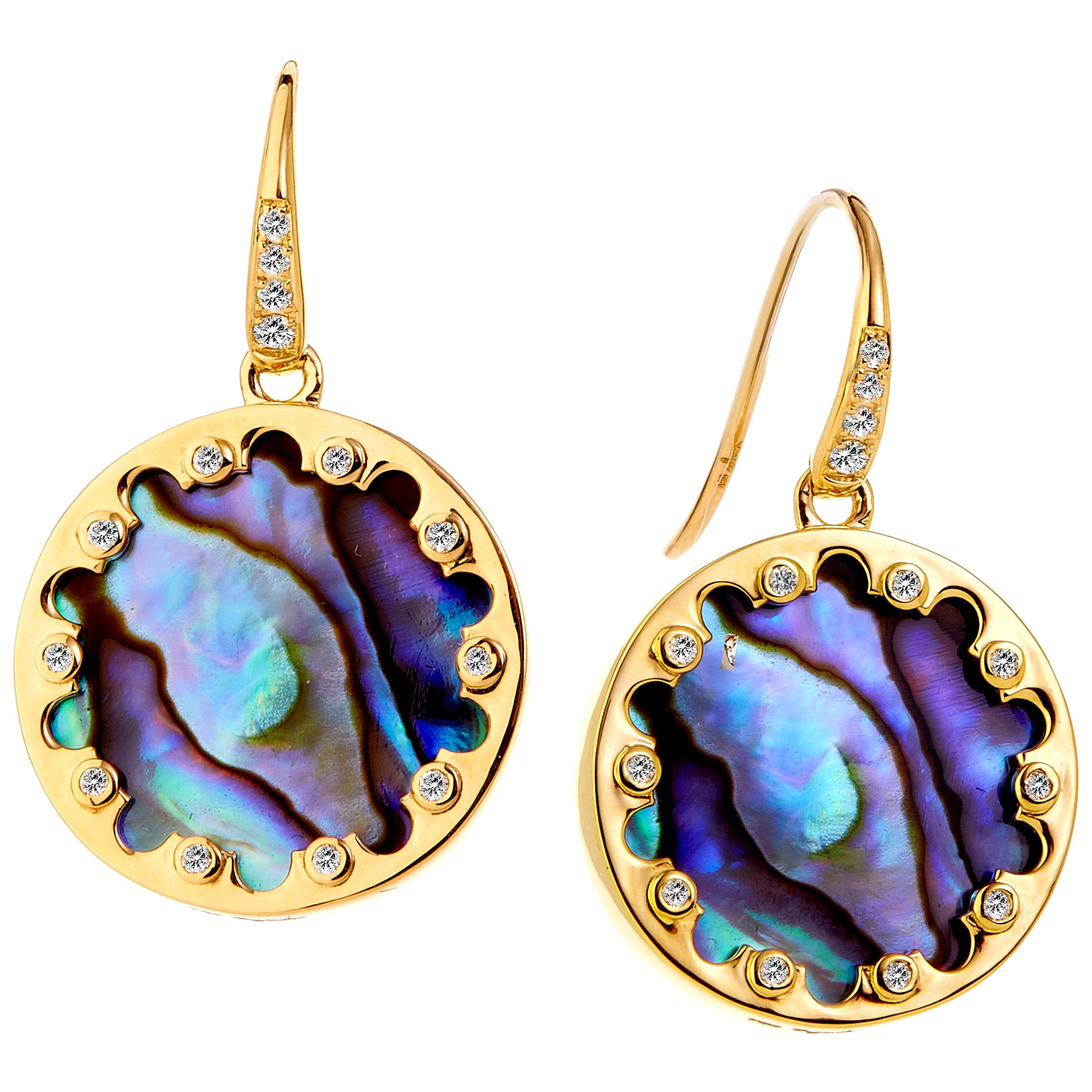 Abalone Shell Diamonds Gold Silver Peacock Drop Earrings For Sale at ...