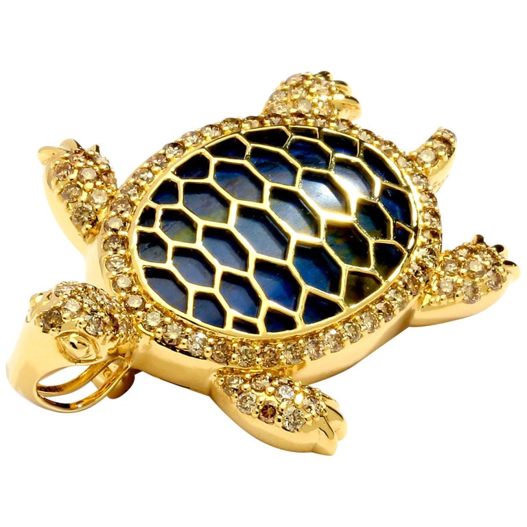 Syna Chrysocolla Yellow Gold Turtle Pin and Pendant with Champagne ...