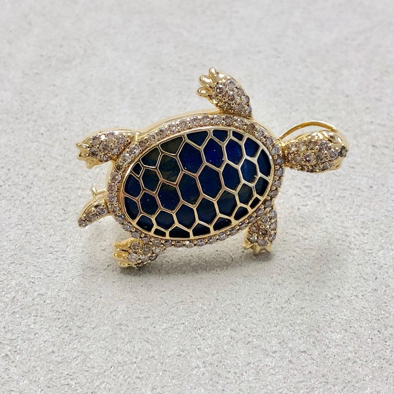 Syna Chrysocolla Yellow Gold Turtle Pin and Pendant with Champagne ...